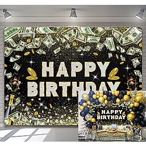 7x5ft Dollar Bill Black Gold Birthday Backdrop Glitter Diamond Champagne Background Money Casino 16th 18th Boy Girl Party Photo Booth Supplies