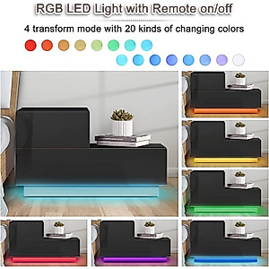 HOMMPA Small LED Nightstand Modern Black 2 Drawers Bedside Table for Children High Gloss Night Stand with Light Night Table with Storage Cabinet for Bedroom 19.7" L x 15.7" W x 16.1" H