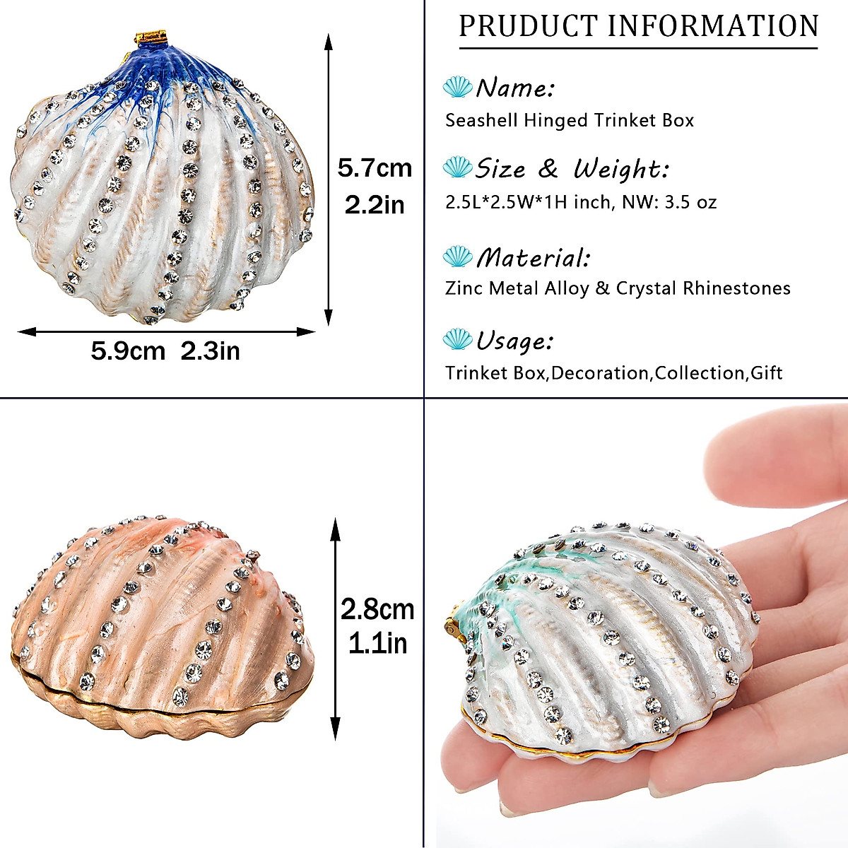 YU FENG Seashell Figurine Trinket Box Hinged Crystals Jeweled Painted Enameled Collectible Ocean Jewelry Box(Dark Blue)