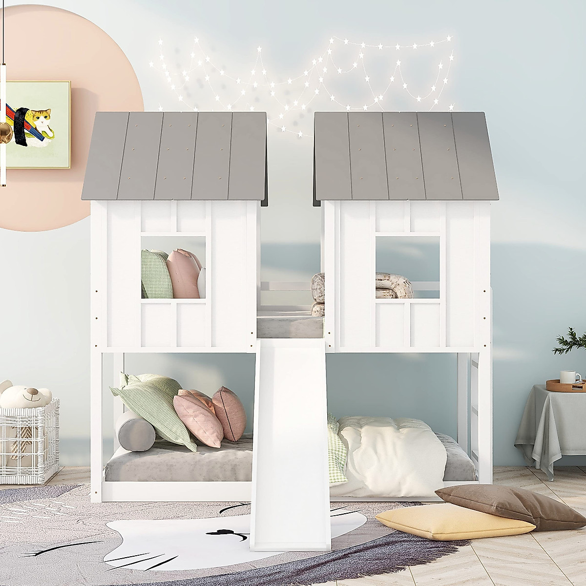 MERITLINE Twin Over Twin House Bunk Bed with Slide, Wooden Bunk Bed with Roof and Windows for Kids Teens Girls Boys – White