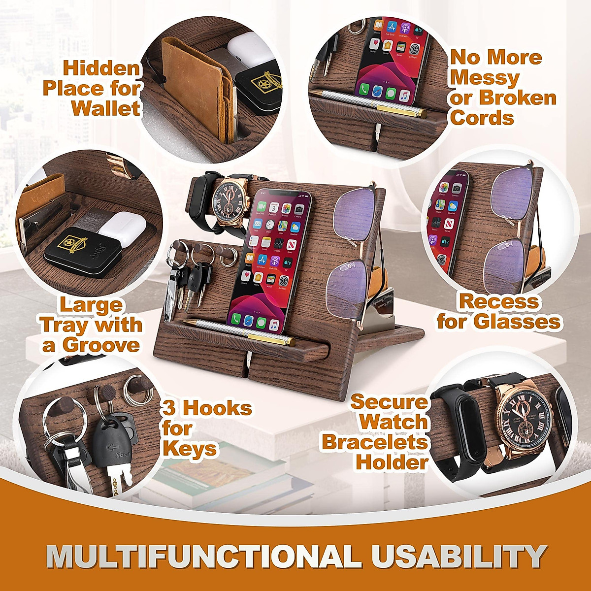 TESLYAR Wood Phone Docking Station Ash Hooks Key Holder Wallet Stand Watch Organizer Men Husband Wife Anniversary Dad Birthday Nightstand Purse Tablet Father Graduation Male