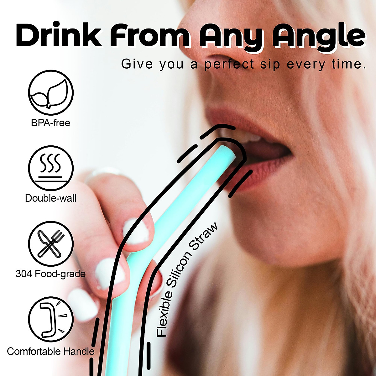 winiwo 40 oz Tumbler with Handle and Straw for Her, Flexible Straw, Insulated Tumbler Cups with Silicone Bottom, Keeps Beverages Cold Up to 24 Hours, Gym/Work/Travel/School/Gift（Elegant Blue）