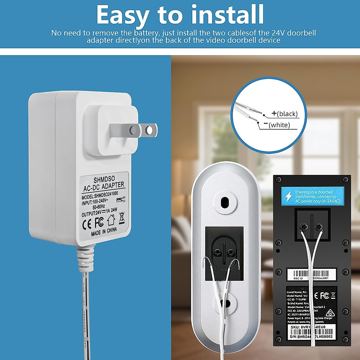 DC 24Volt Transformer,C Wire Adapter,33 FT Long Cable,Compatible with Ring Doorbell Transformer and Thermostat for Sensi,ecobee and Honeywell Transformer