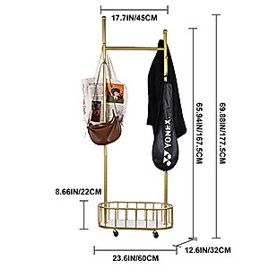 ZHANYUN Gold Metal Garment Rack, Clothes Racks on Wheels, Rolling Clothing Rack with A Hanging Rod and Bottom Storage Basket Shelves (Gold)