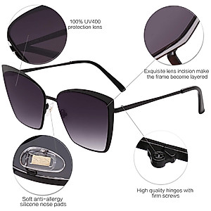 SOJOS Cateye Sunglasses for Women Fashion Mirrored Lens Metal Frame SJ1086 with Matte Black Frame/Gradient Grey Lens