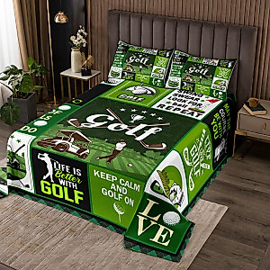 Homewish Golf Bedspread Set Queen Size for Kids,Boys Girls Sports Gaming Quilt Set Green Grass Bedspread Coverlet Modern Ball Bedspread 3 Piece Decorative Bedding Quilted with 2 Pillow Shams