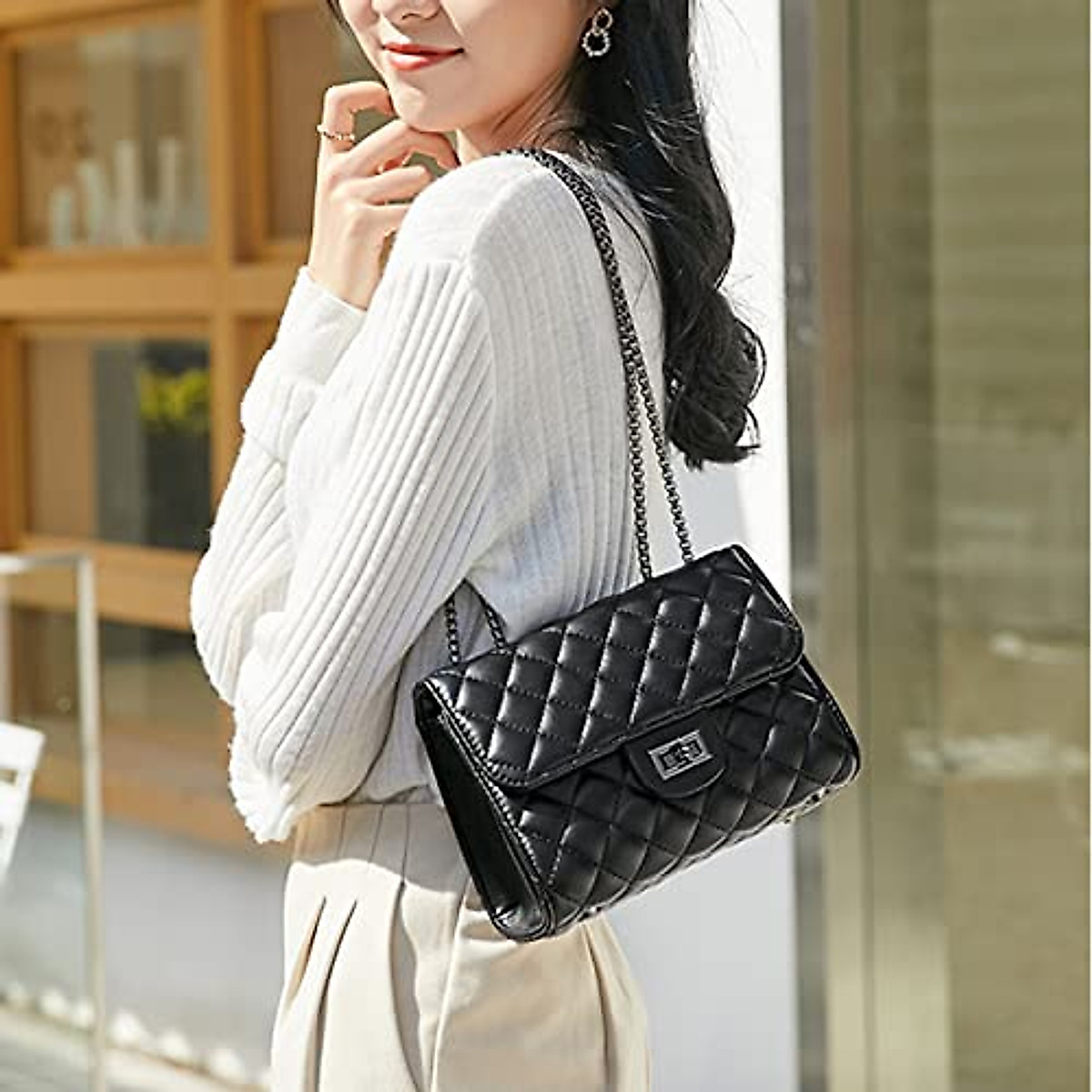 CEDDEOS Quilted Black Crossbody Bags Purses for Women, Small Handbags PU leather Shoulder Ladies Stylish Clutch Satchels Evening bag with Chain Strap