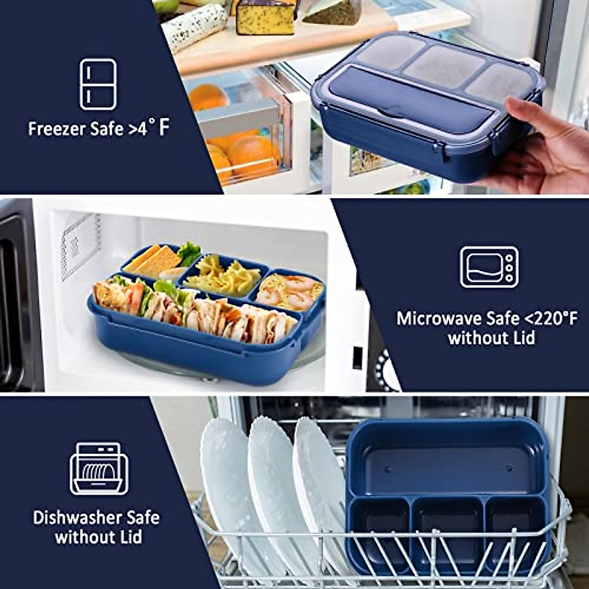 QQKO Bento Box Adult Lunch Box, Lunch Containers for Adults, 1200 ML Food Container With 4 Compartments, Including 4 Muffin Cups, Utensils Set, Sauce Jar, Leak-Proof, Microwave, Dishwasher Safe, Blue