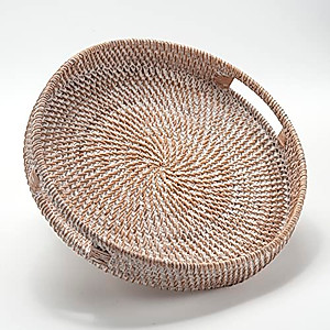 Round Rattan Serving Tray Decorative Woven Ottoman Trays with Handles for Coffee Table White (Small 11.8 inch x 2.4 inch)