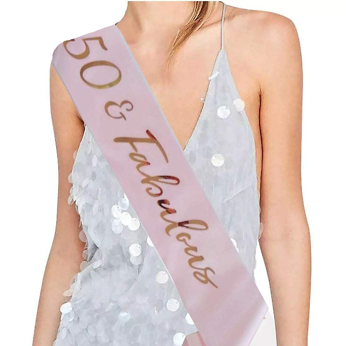 50th Birthday Cake Topper, 50th Sash Satin 50 & Fabulous Sash and Pink Rhinestone 50th Tiara for 50th Birthday Decorations and Party Supplies