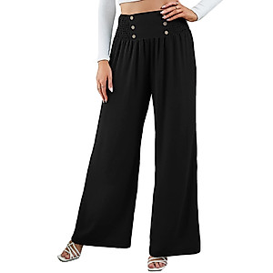 Pissente Women Wide Leg Trousers Shirred High Elastic Waist Button Decoration Casual Pants for Work Dating(XL-Black)