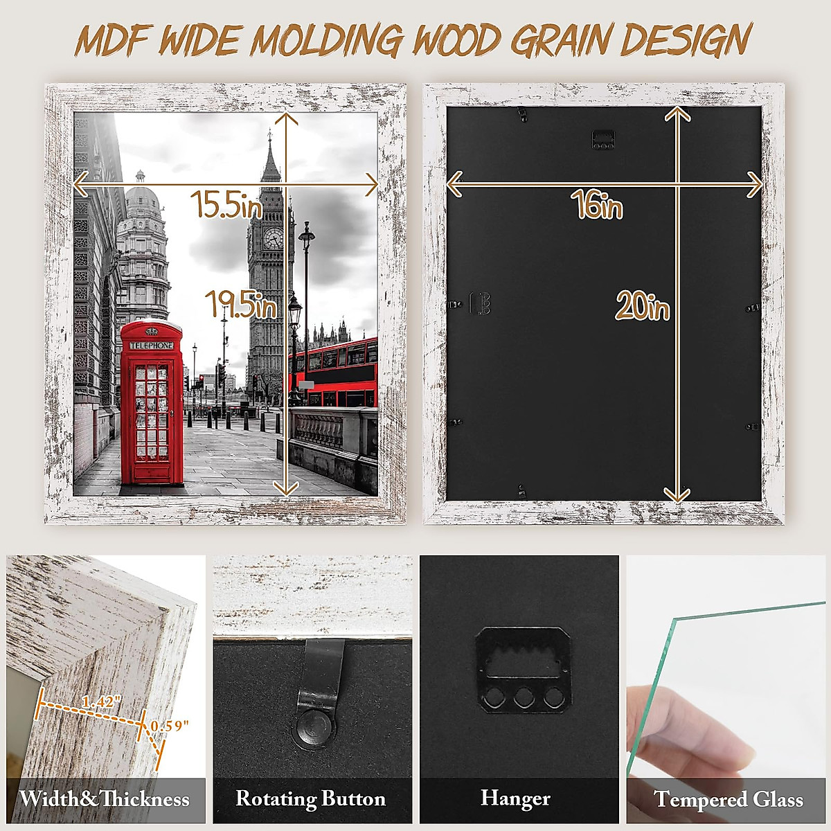 Golden State Art, 16x20 Picture Frame - Wide Molding - Wood Grain Rustic Style - Back Hangers for Wall Display - Great for Baby Pictures, Weddings, Portraits (White, 2 Pack)