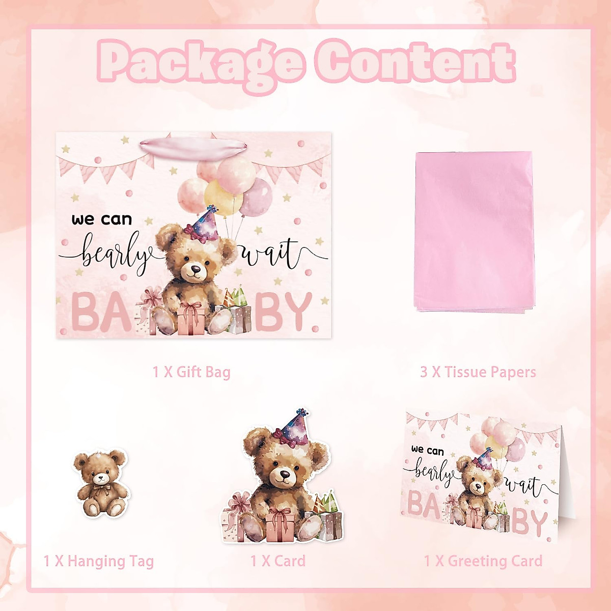 16" Large Baby Girl Gift Bag, 3D Making Pink Bear Baby Gift Bag with Handle, Tissue Paper and Greeting Card