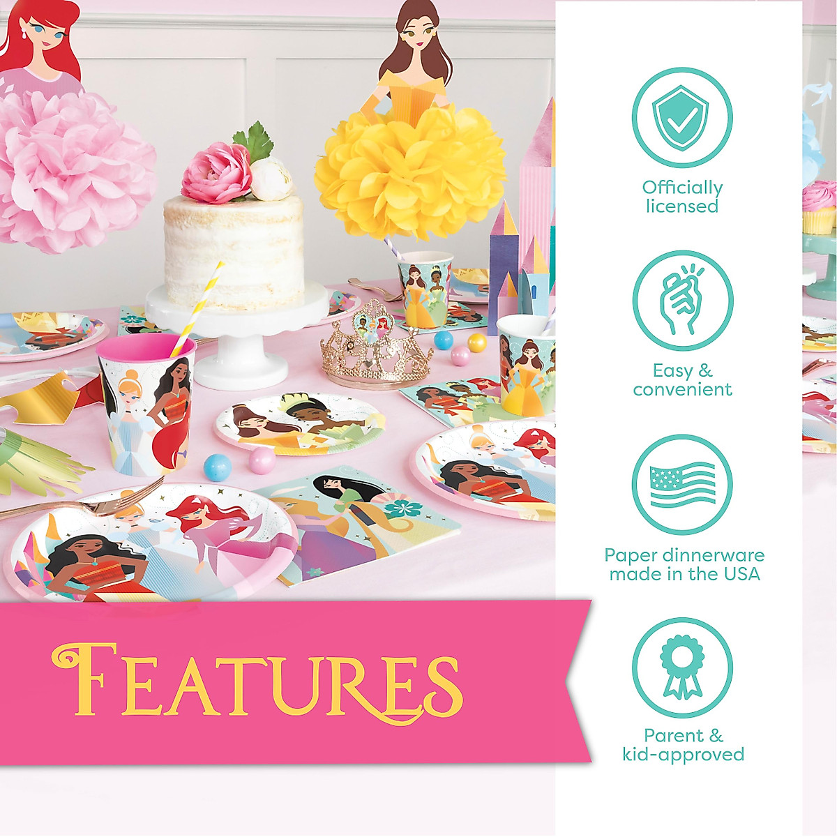 Disney Princess Birthday Decorations Set | Disney Princess Party Decorations | Disney Princess Party Supplies | With Tablecloth, Large Plates, Cake Plates, Napkins, Cups, Banner | Serves 16 Guests