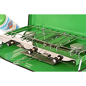 Flame King YSNBBQ-136M 3-Burner Portable Camping Stove Grill w/Toast Tray, Great for Outdoor Cooking, Backpacking, Compatible with 1LB Propane Gas Bottle