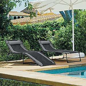 Flamaker Folding Chaise Lounge Outdoor Portable Lounge Chairs 4-Position Adjustable Camping Lounge Chair with Pillow & Side Bag Lightweight Recliner Sunbathing Chair for Pool Beach Deck (Grey)