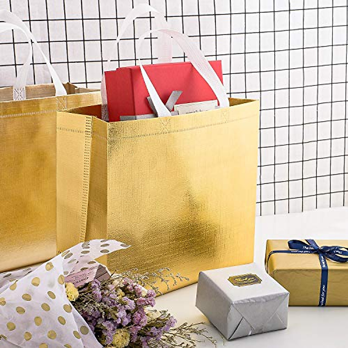 Whaline Set of 12 Reusable Gold Gift Bags Glossy Glitter Tote Bag with Handles Large Size Stylish Party Holidays Favor Bags for Wedding Birthday Party Valentines Mother's Day Christmas