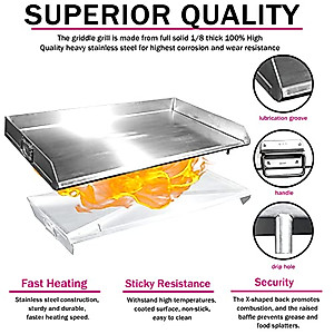 Minneer 100% Stainless Steel Universal Griddle with Even Heat Cross Bracing and Integral Handles for Charcoal/Gas Grills, Camping, Tailgating, and Parties (32" - 18")