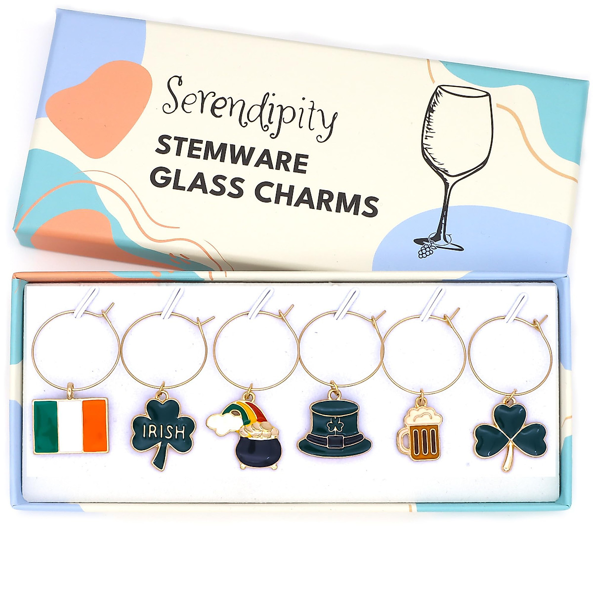 St Patrick's Day Wine Glass Charms, Irish Glass Markers, St Patricks Day Decoration, Set of 6 Charms: Ireland Flag, Leprechaun Hat, Shamrock, Beer Mug, and Pot of Gold