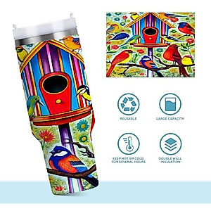 RPLIFE Colorful Birds 40 Oz Tumbler with Handle, Stainless Steel Cup, Insulated Water Bottle with Straw