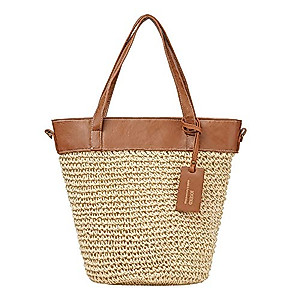 Straw Handbag for Women, JOSEKO Weaving Shoulder Bag Outdoor Casual Cross Body Bag Top Handle Satchel Off White 12.60''L x 7.87''W x 11.02''H