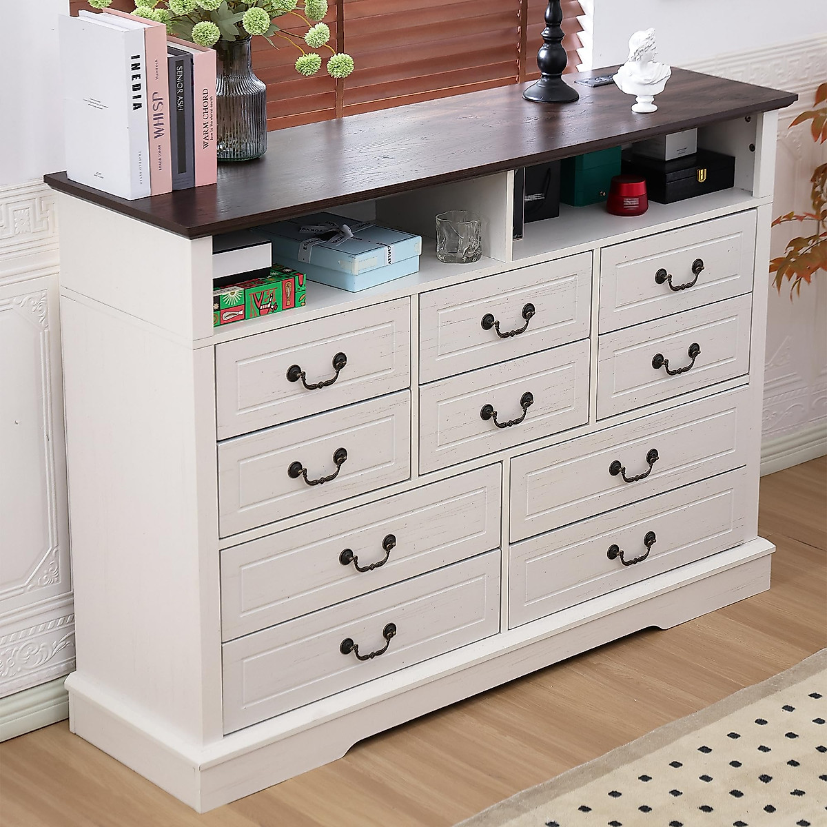 EnHomee 10 Drawers Dresser for Bedroom 55.2''Wide Wood Dresser White Dresser with LED & Power Outlet Large Dressers & Chests of Drawers for Closet,Hallway, 55.2" W x 39.4" H x15.8 D