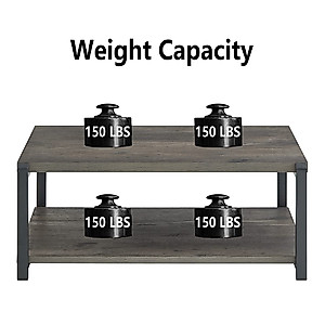 EXCEFUR Coffee Table with Storage Shelf,Rustic Wood and Metal Cocktail Table for Living Room,Grey