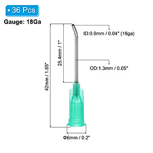 PATIKIL 18Ga x 1 Inch Dispensing Needle Tips, 36Pcs Stainless Steel 45 Degrees Pre Bent Glue Needle Tube Blunt Tips with Luer Lock for Glue Oil Applicator, Green