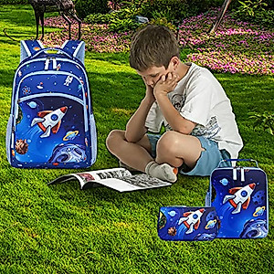 BTOOP Kids Backpack for Boys Girls Space Preschool Bookbag with Lunch Box Pencil Case Set Toddler Backpacks Kindergarten School Bags (Rocket-Blue)