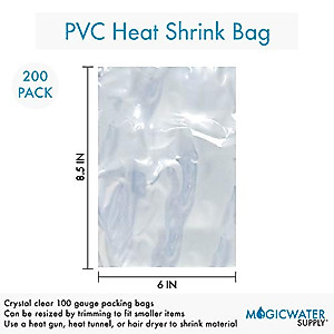 6x8.5 inch Odorless, Clear, 100 Guage, PVC Heat Shrink Wrap Bags for Gifts, Packagaing, Homemade DIY Projects, Bath Bombs, Soaps, and Other Merchandise (200 Pack) | MagicWater Supply