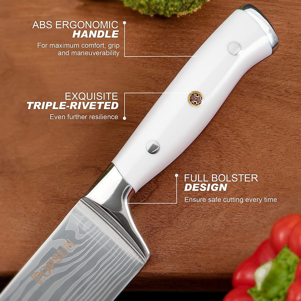 POPSUN Ultra Sharp Chef Knife, 8 Inch Kitchen Knife with Poultry Shear, Professional High Carbon Stainless Steel Chef Knife with Ergonomic ABS Handle