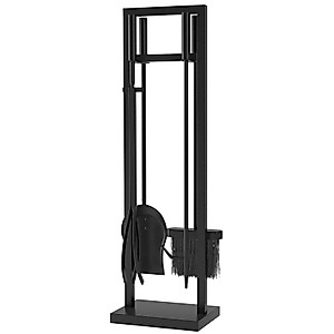 CALIDOLA 5 Pieces Fireplace Tools Set Wrought Iron Fireplace Tools with Chimney Poker, Tongs, Shovel, Brush and Stand Hearth Accessories Set, Black