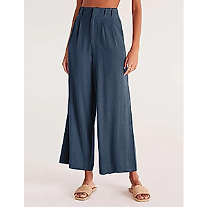 Tanming Linen Pants Women Summer Wide Leg High Waisted Work Pants Palazoo Trousers (NavyBlue-XL)