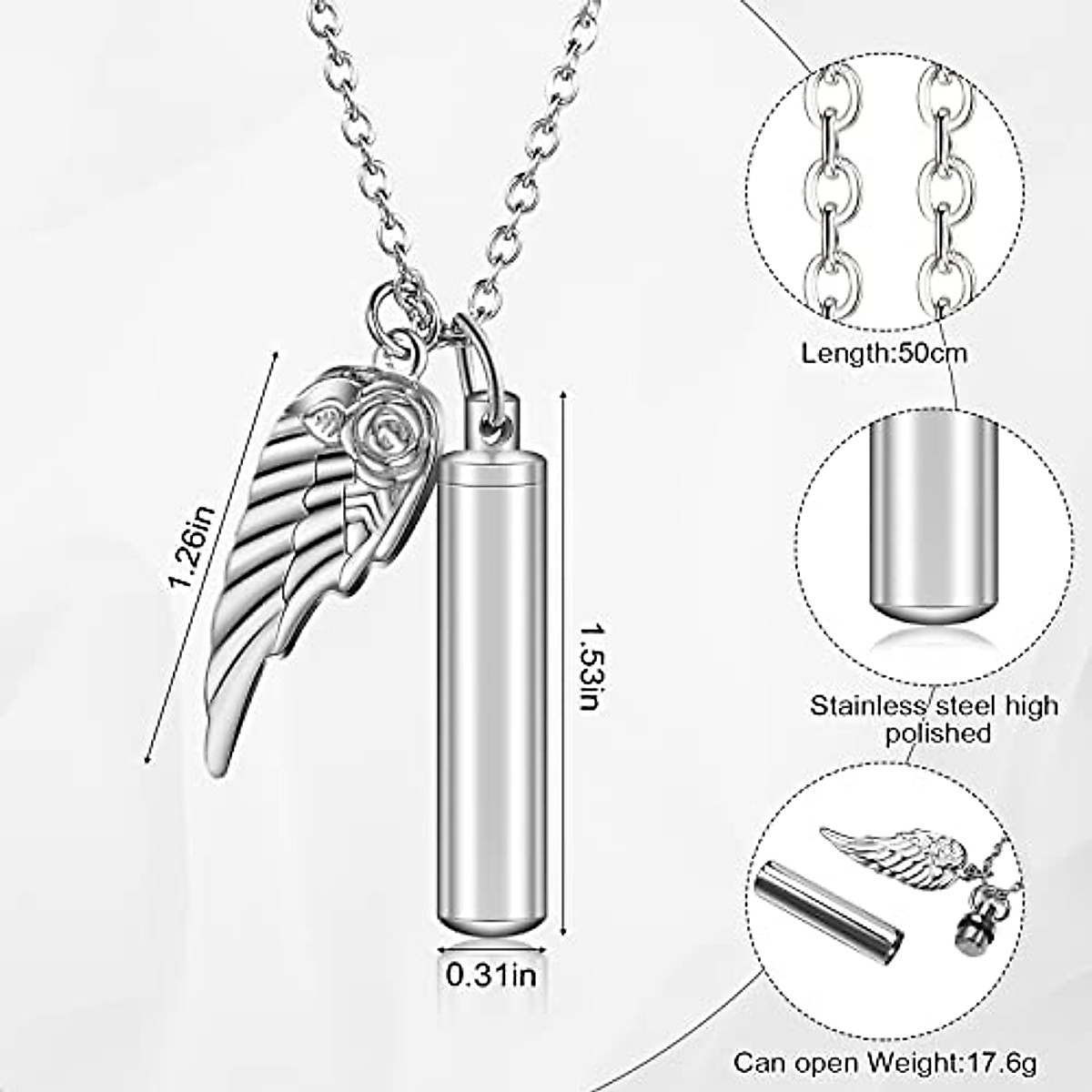 10 Pieces Angel Wing Memorial Keepsake Cylinder Cremation Ashes Necklace Urn Necklaces Holder for Cremation Keepsakes for Men Stainless Jewelry with Filling Kit (0.31 x 1.54 Inch, Silver)