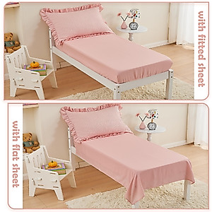 Cozyholy 4 Piece Textured Seersucker Toddler Bedding Set Girls Crib Sheets Set Pink Ruffle Baby Bed Comforter Set Lightweight Bed in a Bag | Include Comforter, Flat Sheet, Fitted Sheet, Pillowcase