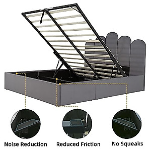 QNZK Full Size Lift Up Storage Bed, Velvet Headboard Upholstered Platform Bed Frame with Hydraulic Storage System & Wooden Slats Support, No Box Spring Needed, Under Bed Storage, Grey