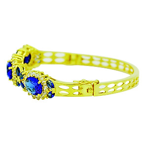22k 24k Yellow Gold Plated Women Rare Thai Flower Cubic Zirconia Cz AAA Syn Blue Sapphire Bracelets Cuff Bangle 5 Mm 5.5 Cm