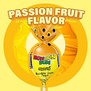 Colombina Bon Bon Bum Lollipops w/Bubble Gum Center, Passion Fruit Flavor, Individually Wrapped, Ideal for Party Favors and Gifts, 1 Pack (24 Count)
