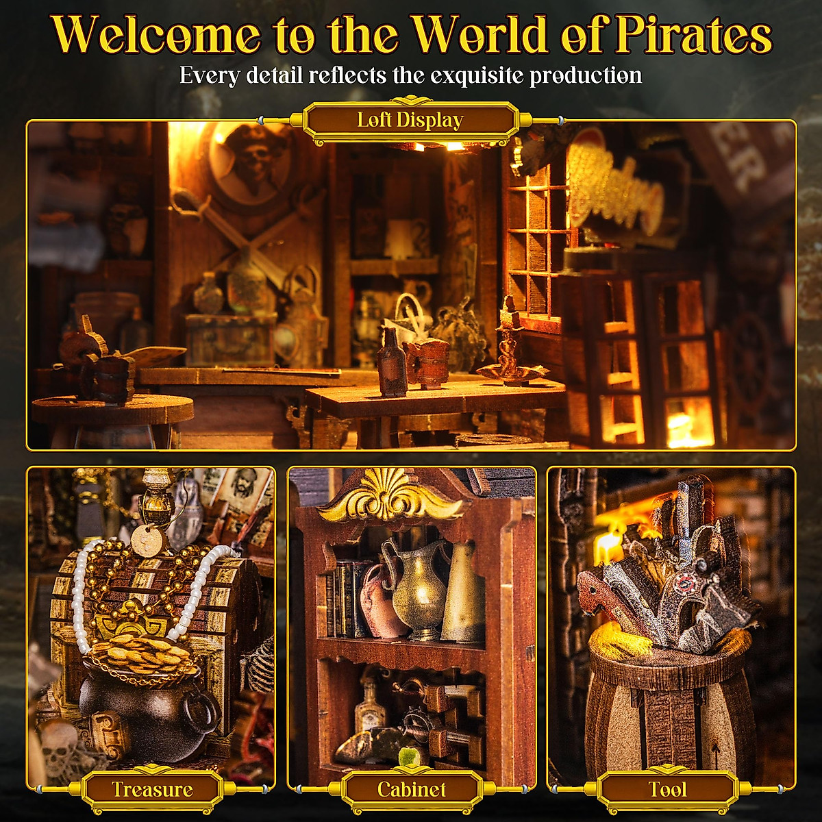 Wimlade Book Nook Kits for Adults, 3D Pirate Ship Puzzle DIY Miniature House Kit for Bookshelf Insert Decor, Wooden Puzzles for Adults with LED Lights, Halloween/Christmas Gifts for Adults and Teens