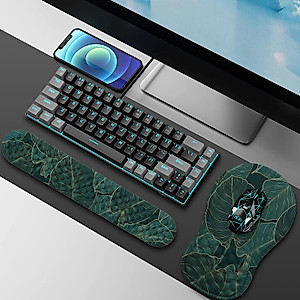 HAOCOO Ergonomic Mouse Pad with Wrist Rest and Keyboard Wrist Rest, 3 PCS Computer Carpal Tunnel Mouse Pads Set for Desk with Coaster, Memory Foam Mousepad Support for Office Laptop, Green Palm Leaves
