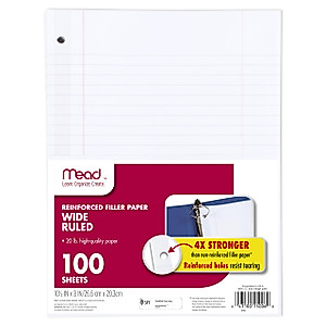 Mead Loose Leaf Paper, 3 Hole Punch Reinforced Filler Paper, Wide Ruled Paper, 10-1/2" x 8", 100 Sheets (15006)