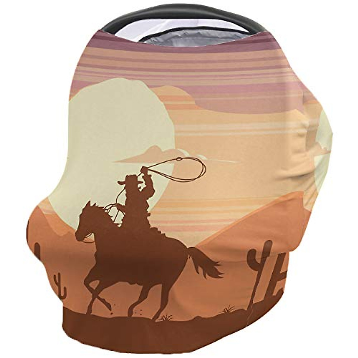 Western Landscape Baby Car Seat Cover, Multi-Use Nursing Cover for Boys, Girls, Infants, Snug Warm Stroller Covers for Babies, Doodles Horseman in The Sunset Cactus