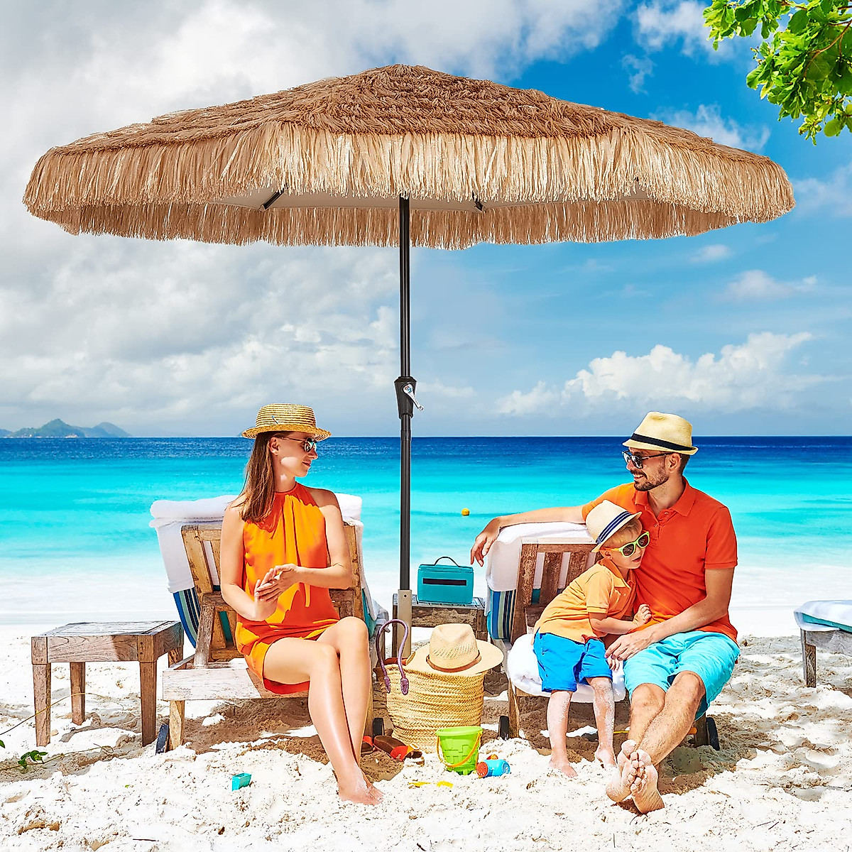 KITADIN 10FT Patio Umbrella Thatched Tiki Outdoor Umbrella with Plug Tropical Hawaiian Style Grass Beach Umbrella with Crank Lift Natural (No Base)