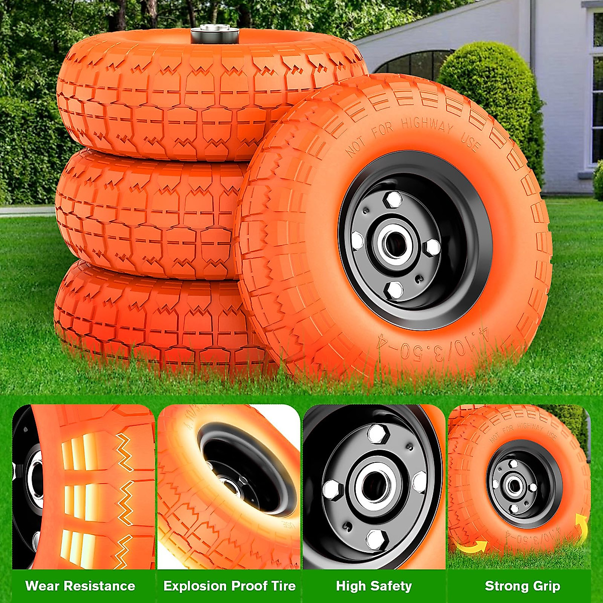 4.10 3.50-4 Tire and Wheel, 10 Inch Flat Free Tires 4 Pack with 5/8” Axle Bore Hole and Double Sealed Bearings, for Dolly Tires/Hand Truck Tires/Dump Cart Tires
