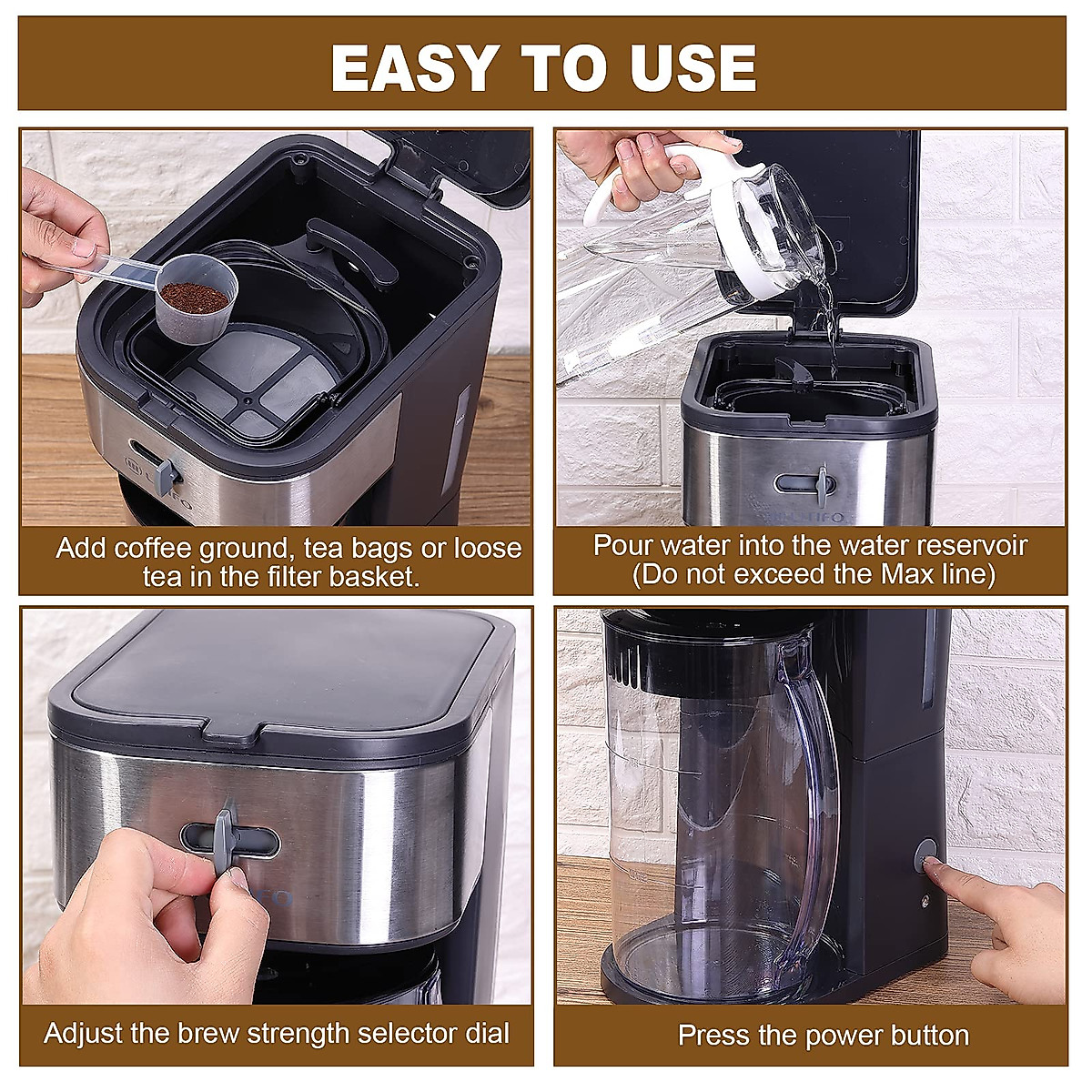 LITIFO Iced Tea Maker and Iced Coffee Maker Brewing System with 2-quart Pitcher, sliding strength selector for Taste Customization, Stainless Steel (Blue)