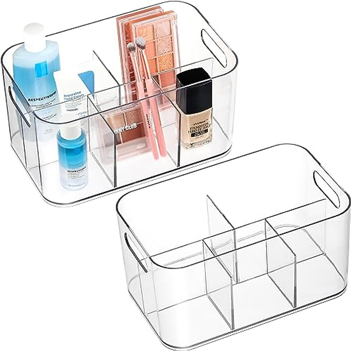 5-Compartment Clear Plastic Bin - Divided Cosmetic Makeup Caddy Organizer - Multiuse Storage Container for Vanity, Bathroom, Kitchen, Pantry, Office, Craft, Utensil, Shower, Cleaning Items, (1 Pack)