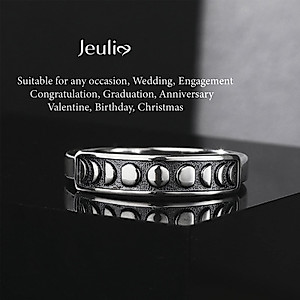 Jeulia Gothic Black Band For Men Women Moon Phase Ring Silver Punk Ring Jewelry Vintage Cool Nature Ring For Teen boys Engagement Band with Jewelry Gift Box (Moon Phase, 8.5)