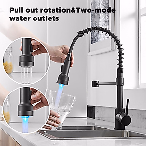 Black Kitchen Faucet with Pull Down Sprayer, WOTOKOL Solid Brass Kitchen Faucets Sprayer Spring Single Handle Commercial Kitchen Sink Faucet with LED Light