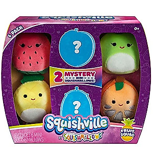 Squishville by Squishmallows Mini Plush Fruit Squad, Six 2" Soft Minimallow Plush, Irresistibly Colorful Fruits, Mini Peach, Pineapple, and Watermelon