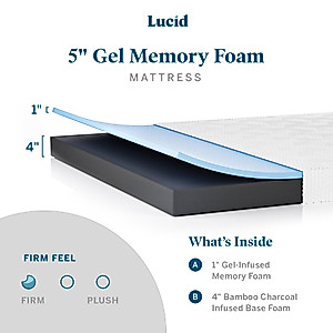 Lucid 5 Inch Firm Gel Memory Foam Mattress Twin— Gel Infusion—Hypoallergenic Bamboo Charcoal—Breathable Cover